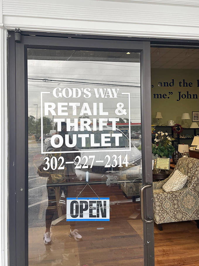 The entrance to bargain heaven. "God's Way Retail & Thrift Outlet" promises treasures beyond the glass for the patient hunter.
