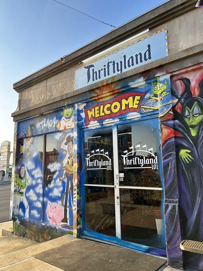 The entrance beckons with Toy Story characters and villainous grins. Like stepping into a cartoon dimension where thrifting dreams come true.