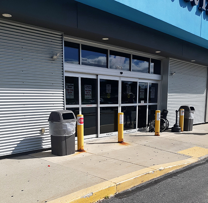 The entrance: where thrifting journeys begin and budgets rejoice. Behind these doors, possibilities await at prices that won't break the bank.