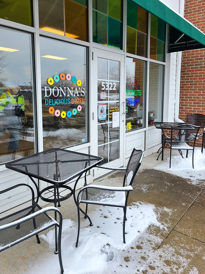 Even in winter, Donna's storefront beckons with colorful donut imagery that promises warmth and sweetness inside those glass doors.