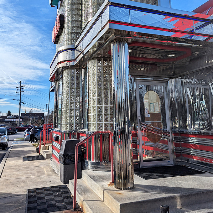 That entrance column&mdash;half Art Deco, half space-age optimism, all American diner glory catching the Maryland sun just right.
