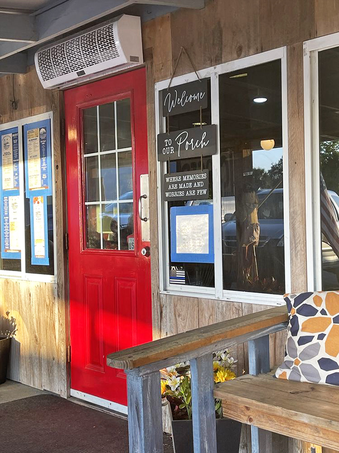 "Welcome to our Porch where memories are made and worries are few." That red door might as well say "Abandon diets, all ye who enter here."