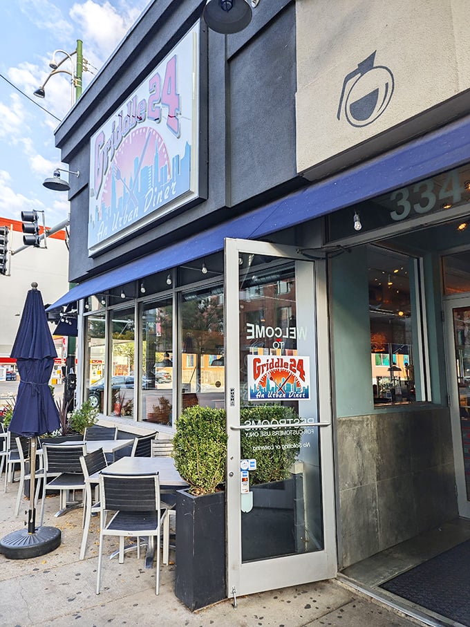 The entrance to breakfast paradise at 334 W. Chicago Avenue, where French toast dreams come true 24 hours a day.