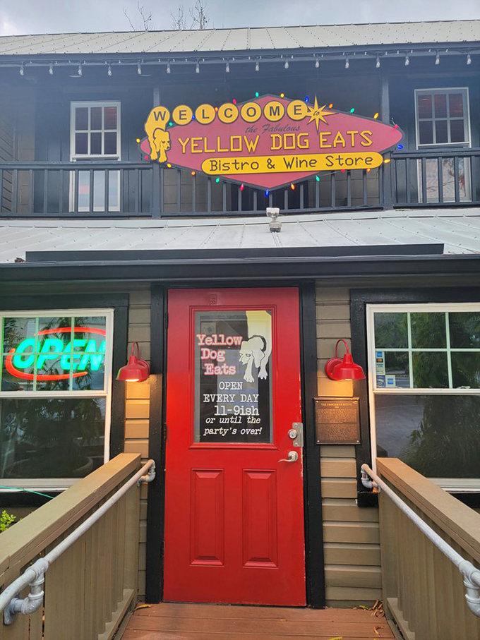 "Open until the party's over" might be the most honest business hours ever posted. The red door serves as a portal to flavor country.