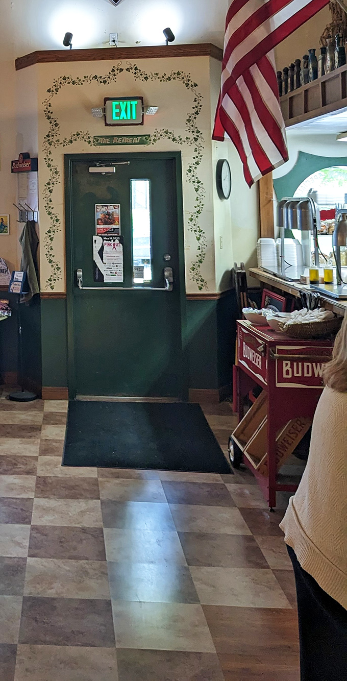 That painted vine border around the exit door seems to say, "Are you sure you want to leave? There's still pie!"