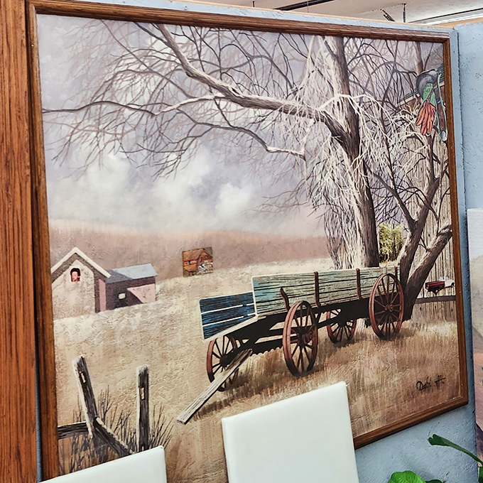 Rural nostalgia captured in brushstrokes—this farm scene whispers of simpler times when wagons ruled the countryside.
