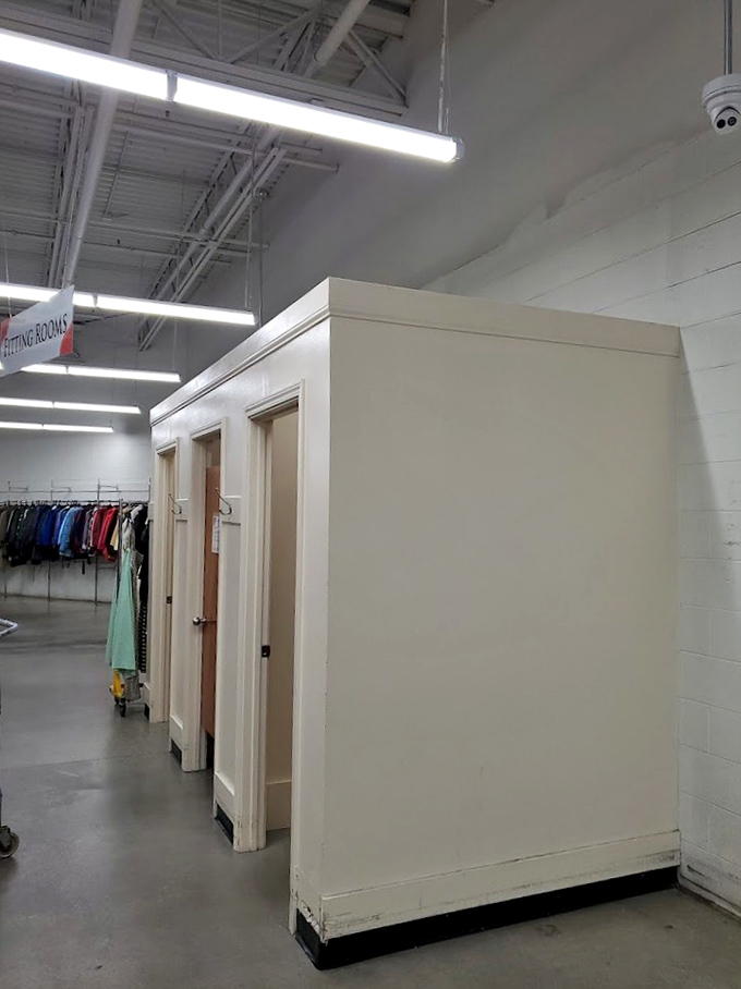 Fitting rooms: where thrift store dreams either come true or teach you valuable lessons about vintage sizing and bygone fashion eras.