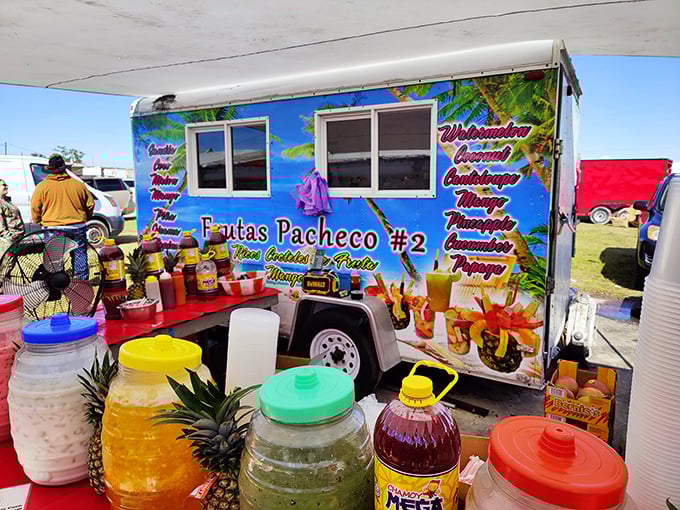 Tropical refreshment station! This fruit juice stand offers liquid sunshine in cups, perfect for refueling during your treasure hunting marathon.