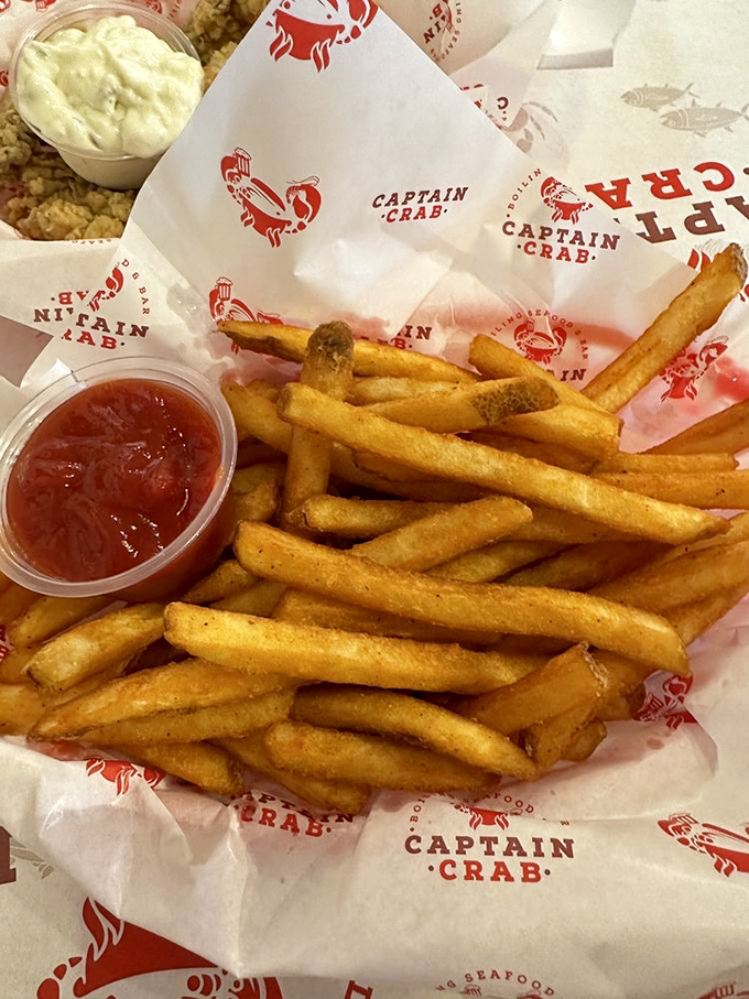 French fries that have achieved the golden ratio of crispy exterior to fluffy interior. The perfect tool for sopping up leftover sauce.