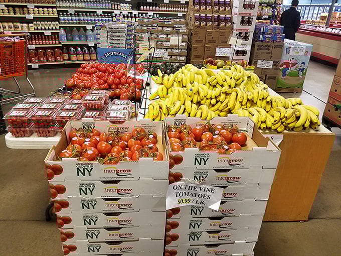 Tomatoes on the vine and bananas by the bunch&mdash;fresh produce displayed with no-nonsense practicality and priced for everyday enjoyment.
