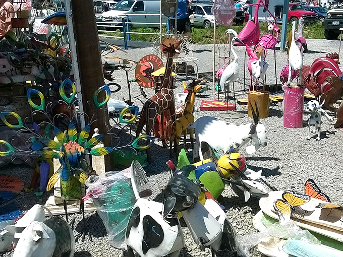 Metal garden art creates a menagerie of colorful creatures standing at attention. These whimsical yard sculptures wait patiently for someone to give them a forever lawn to call home.