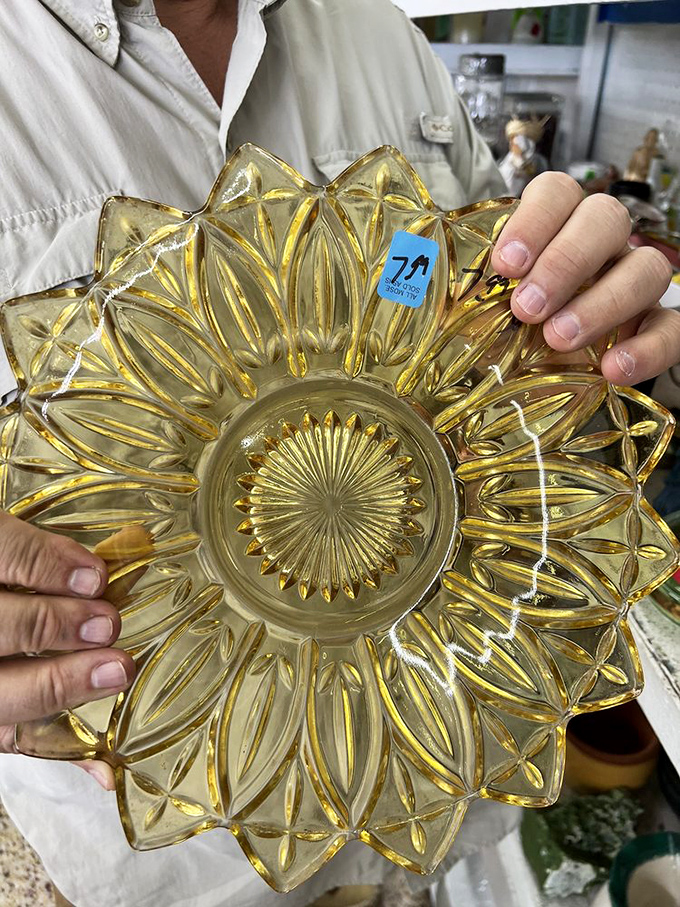 Depression glass treasures hide in plain sight! This amber serving dish survived from the 1930s to become your dinner party's vintage centerpiece.