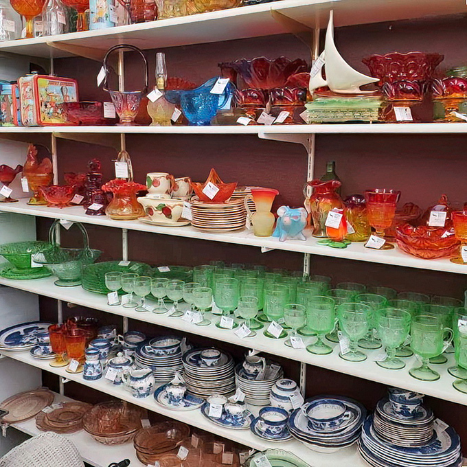 A rainbow of Depression glass and vintage dishware that makes modern tableware look like it's not even trying.
