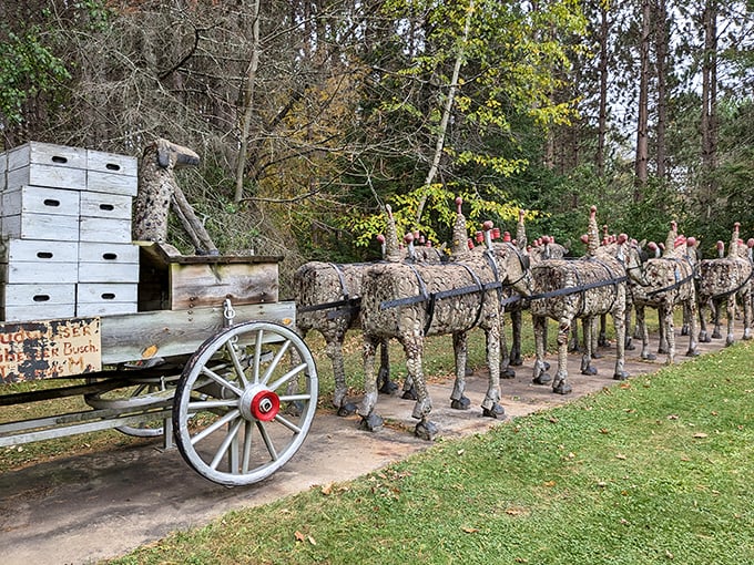 The famous Budweiser Clydesdale team gets the concrete treatment—delivering imaginary beverages across this whimsical Wisconsin wonderland forever.