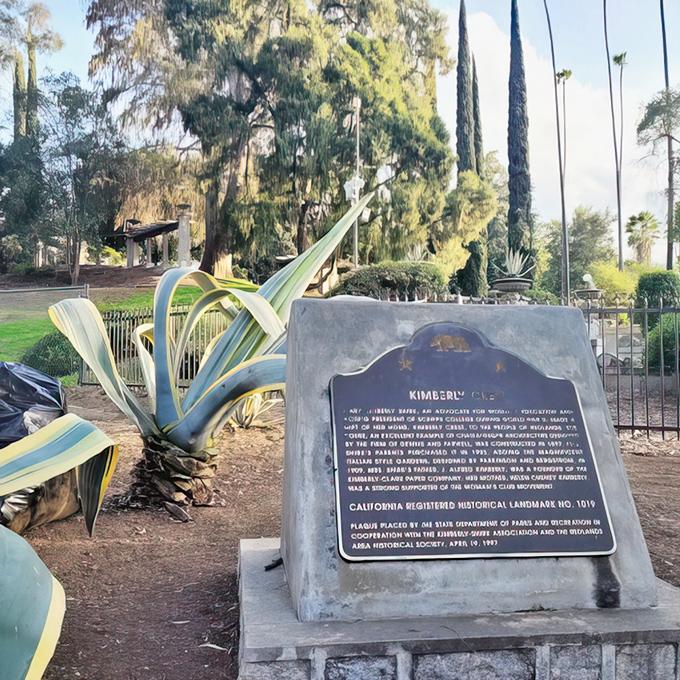 Nature and history stand side by side at Kimberly Crest, where even the informational markers are framed by dramatic agave plants.