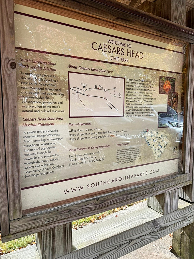 The information board offers wisdom for the journey ahead. In the age of smartphones, there's something refreshingly reliable about park information that doesn't require a signal.