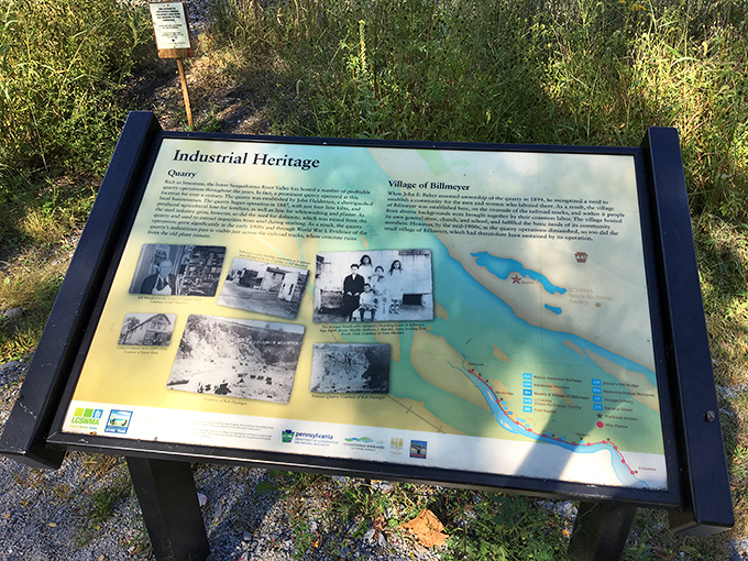 Educational signs help visitors understand the industrial heritage that shaped these dramatic cliffs along the Susquehanna River.