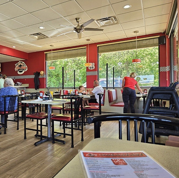 Sunlight streams through windows onto red and black decor—the stage is set for the timeless performance of great diner food.