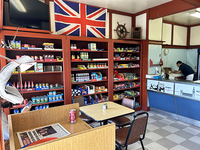 A proper British flag watches over shelves stocked with UK treats&mdash;like a little embassy of flavor in Orange County.