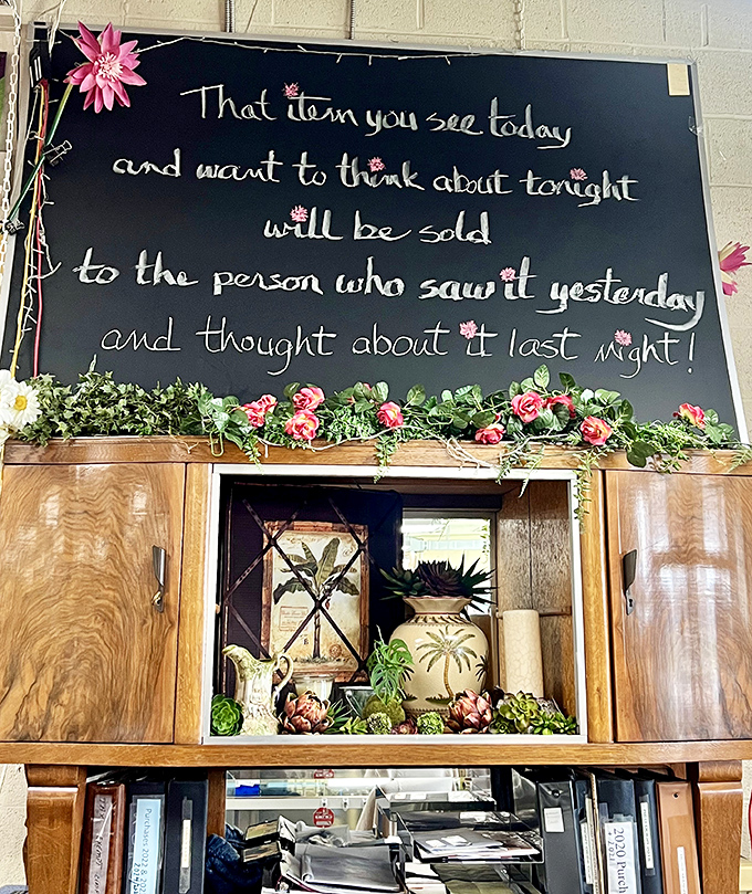 The truest words ever written on a chalkboard. This isn't just decor—it's the consignment shopper's manifesto written in delightfully swirly handwriting.