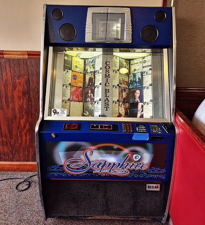 A vintage jukebox that's seen more quarters than a laundromat during college move-in week.