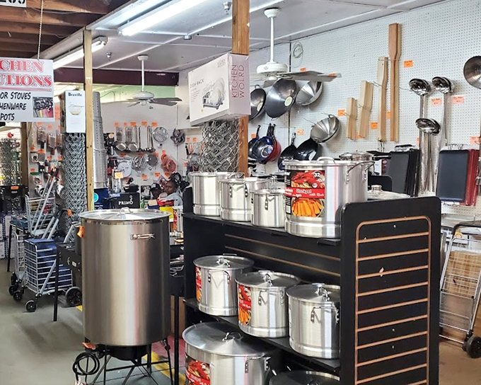 Professional-grade cookware stands at attention, tempting home chefs to imagine the culinary masterpieces they could create if only they had that 20-quart stockpot.