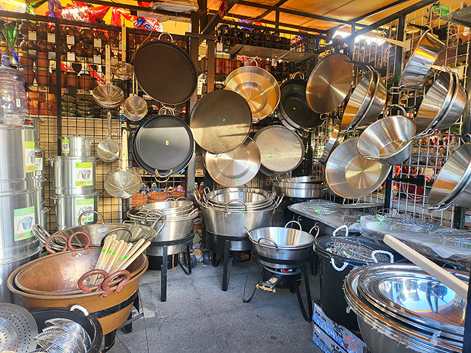 Pots and pans hanging like metallic modern art&mdash;cooking equipment that could handle anything from Sunday menudo to feeding an army.