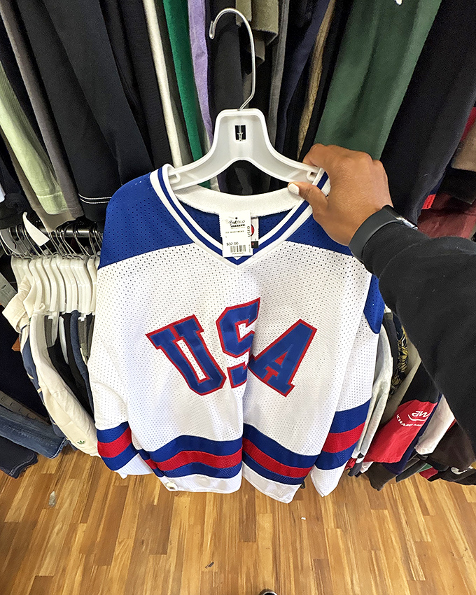 Score! A vintage Team USA hockey jersey waits for its next champion, proving Buffalo Exchange isn't just clothing&mdash;it's wearable memorabilia.