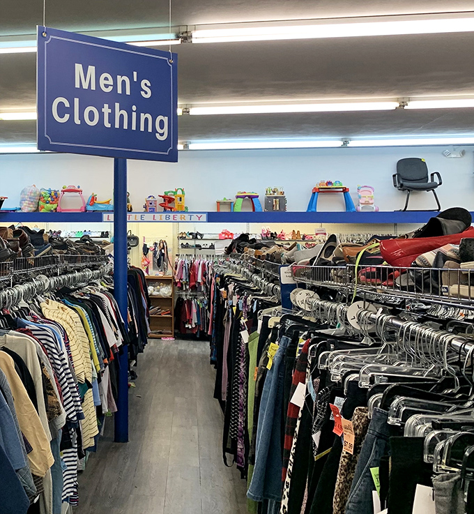 Men's clothing racks: where button-downs and blazers get their second wind, proving style doesn't have to break the bank.