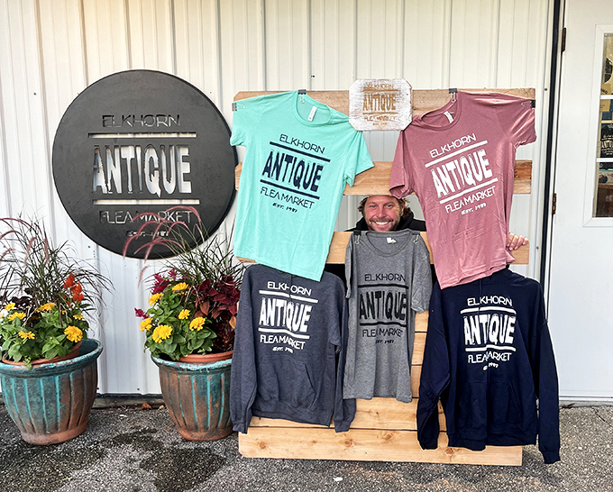 Elkhorn Antique Flea Market merchandise proudly displayed in a rainbow of colors. The ultimate souvenir for serious shoppers who want to wear their passion.