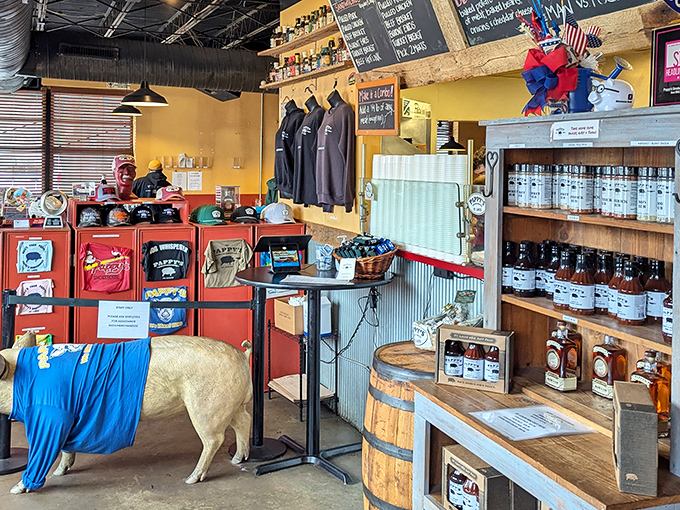 The merchandise corner, complete with a mascot pig wearing a cape. Because after eating here, you'll want souvenirs of your religious experience.