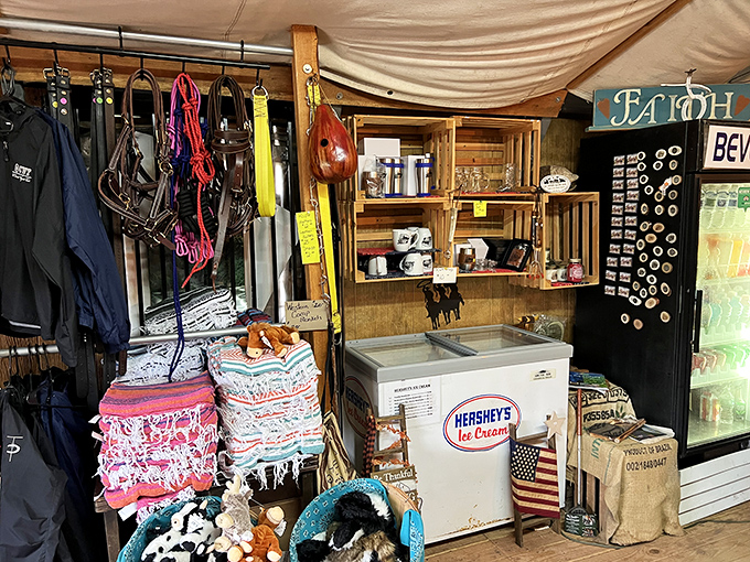 The trading post offers modern comforts the pioneers could only dream about. Ice cream after a wagon ride beats hardtack any day.