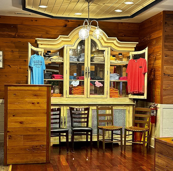 Even the merchandise corner embraces the rustic charm &ndash; t-shirts displayed in a repurposed hutch that your grandmother would approve of.
