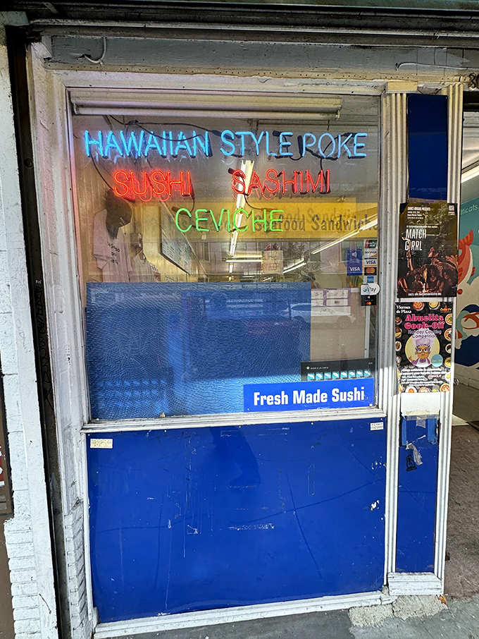 Neon lights announce "HAWAIIAN STYLE POKE" and "SUSHI" like a Vegas sign for seafood lovers &ndash; less glitz, more fish, all satisfaction.