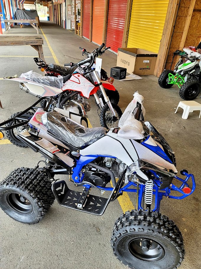 Adventure machines lined up and ready for action! These ATVs promise off-road thrills for those who find paved surfaces just a bit too... civilized.