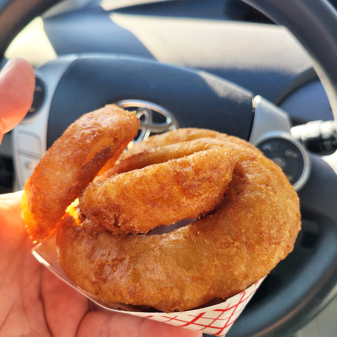 Golden rings of joy. These crispy onion halos prove that sometimes the simplest pleasures are the most satisfying.