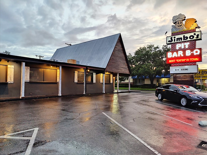 Even Florida's famous afternoon storms can't dampen the spirits when Jimbo's barbecue awaits just beyond those doors.