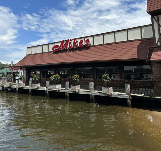 The weathered deck has hosted thousands of perfect summer afternoons. Those umbrella-shaded tables are worth the wait every single time.