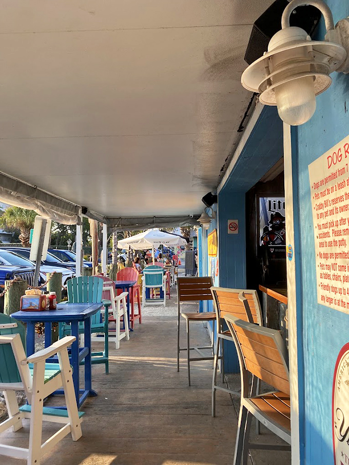 The outdoor seating area where time slows down and appetites ramp up. Sea breeze included at no extra charge with every order.