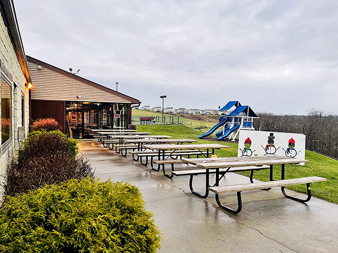 Picnic tables await ice cream enthusiasts rain or shine. In Pennsylvania, neither weather nor season stands between people and their dairy fix.