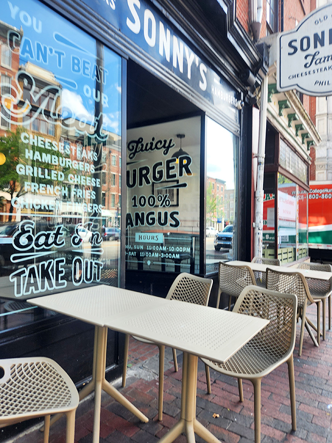 Outdoor seating where you can enjoy your cheesesteak while watching the parade of envious passersby who wish they were you right now.