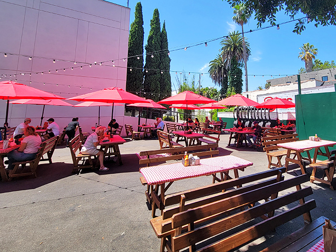 The outdoor seating area offers a modern twist to the classic experience—same legendary food but with a side of California sunshine.
