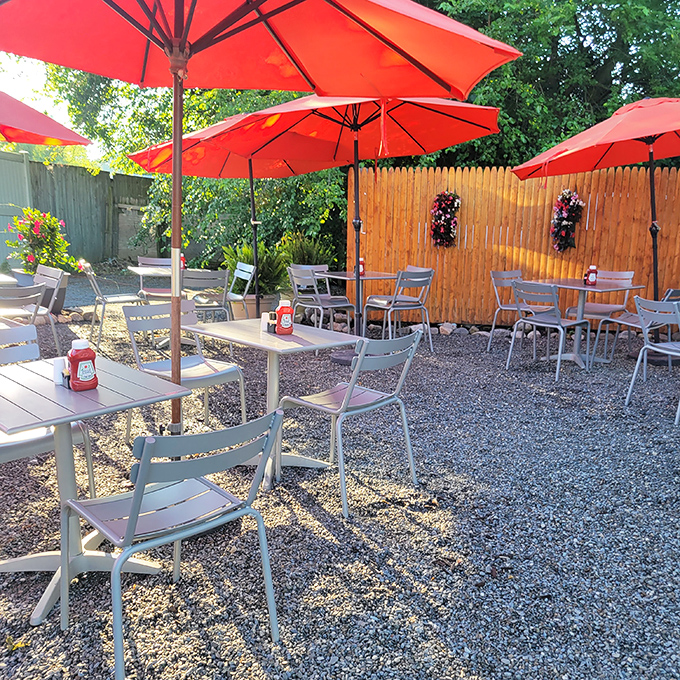 The outdoor seating area with cheerful red umbrellas offers a perfect spot for breakfast al fresco on Pennsylvania's prettier days.