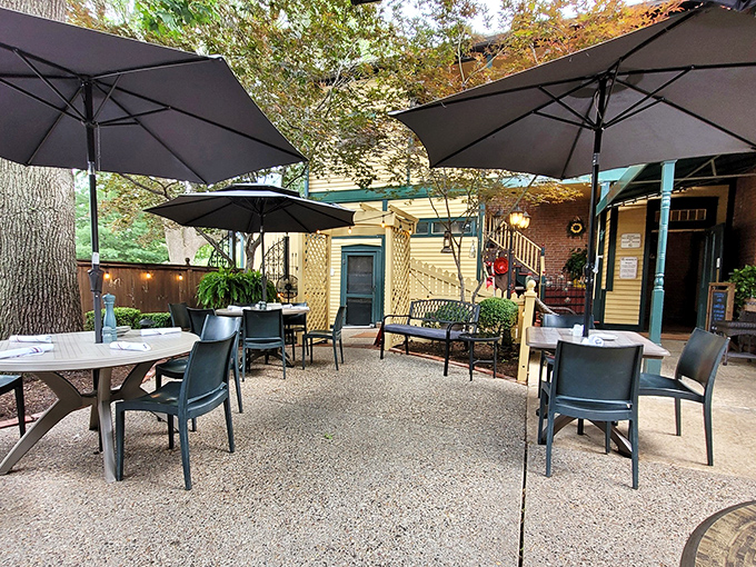 Outdoor seating that invites you to linger just a little longer. Those umbrellas aren't just for shade&mdash;they're for extending perfect evenings.