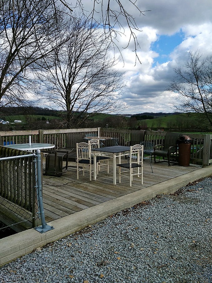 The deck offers a pastoral view of Amish country that pairs perfectly with your sugar high. Nature's dining room with a side of serenity.