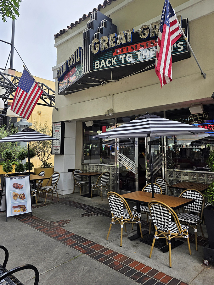 Outdoor seating where you can watch the world go by while traveling back in time &ndash; checkered chairs included at no extra charge.