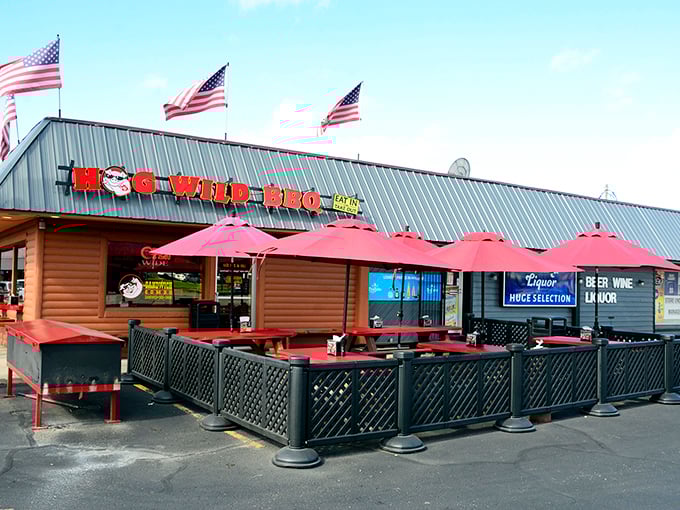 An outdoor patio that says, "Yes, we know our barbecue is worth waiting for, even in Michigan weather."