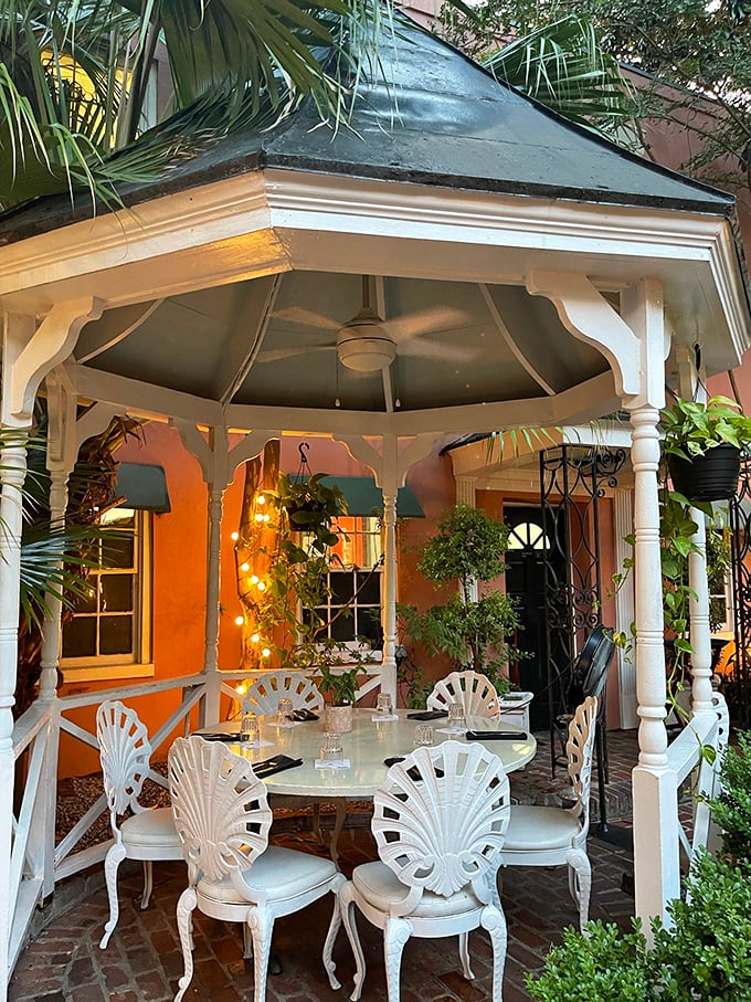 The courtyard gazebo transforms into a twinkling wonderland at night&mdash;the perfect setting for a romantic dinner or celebration under Charleston's starry skies.