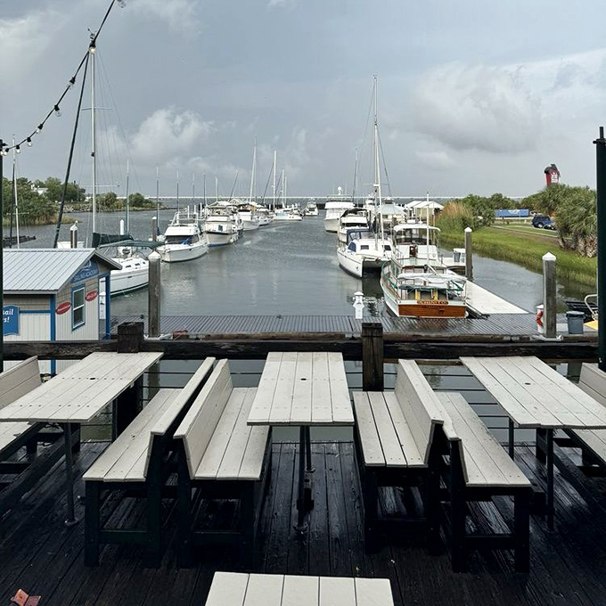 Dining with a view doesn't get much better than this &ndash; boats gently bobbing in the harbor while you contemplate a second helping of Grits a Ya Ya.