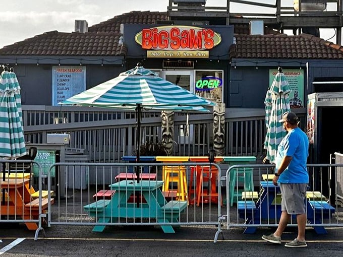 The outdoor seating area's rainbow of picnic tables isn't trying to be Instagram-famous&mdash;they've been bringing color to meals since before filters were invented.
